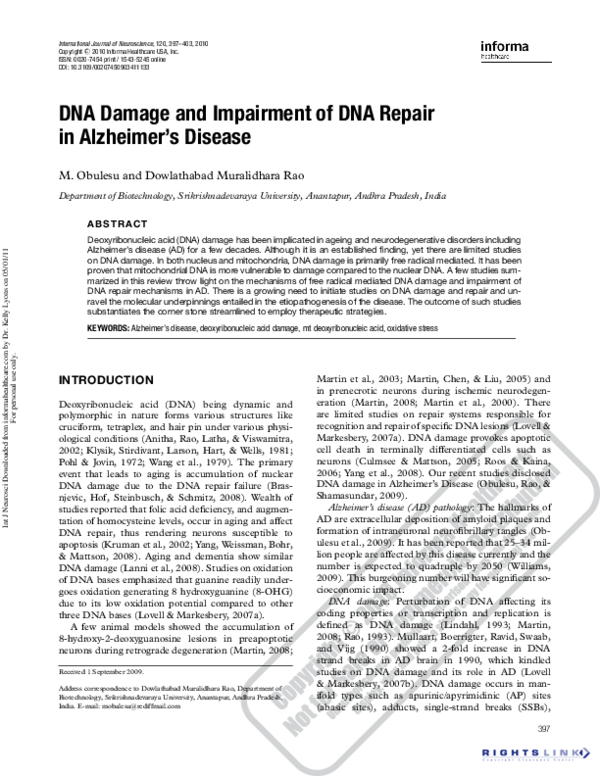 (PDF) DNA Damage and Impairment of DNA Repair in Alzheimer’s Disease
