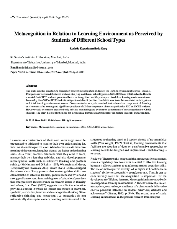 (PDF) Metacognition in relation to Learning Environment as Perceived by Students of Different ...
