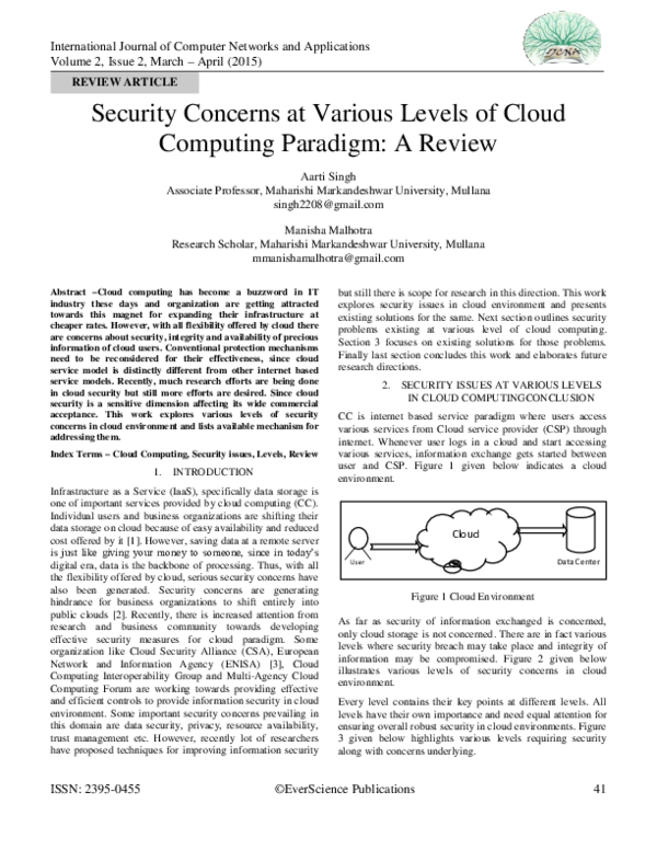 Pdf Security Concerns At Various Levels Of Cloud Computing Paradigm A Review International