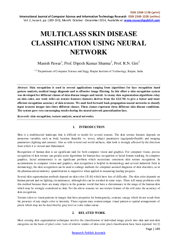 (PDF) MULTICLASS SKIN DISEASE CLASSIFICATION USING NEURAL NETWORK