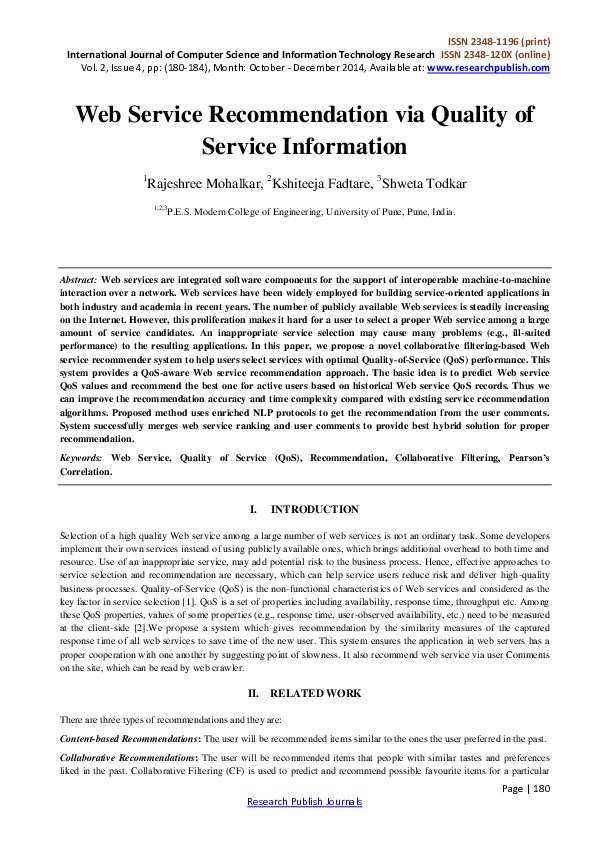 (PDF) Web Service Recommendation via Quality of Service Information