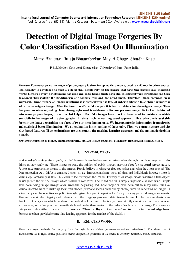 Pdf Detection Of Digital Image Forgeries By Color Classification Based On Illumination
