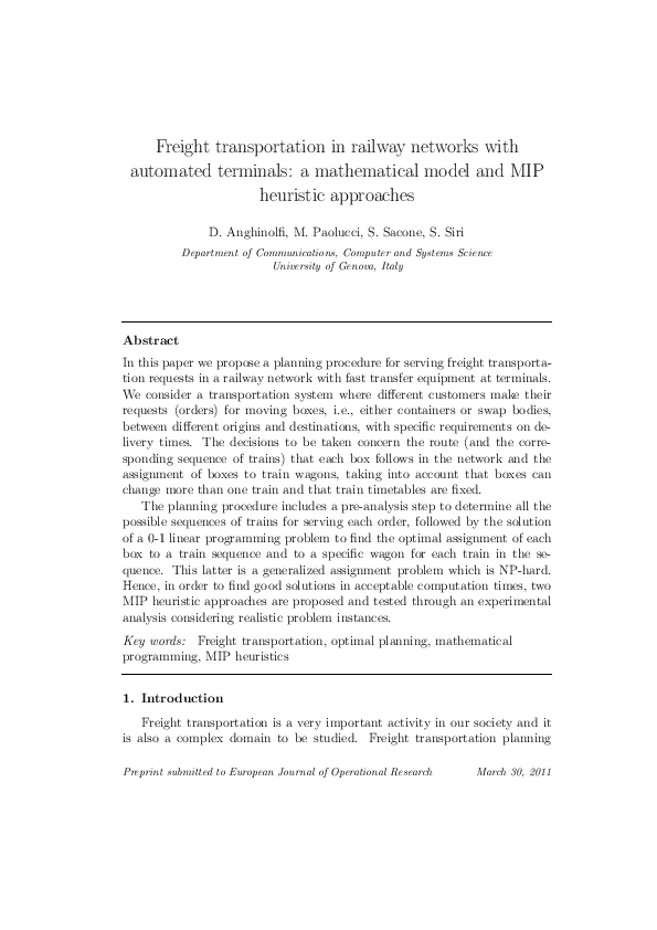 (PDF) Freight transportation in railway networks with automated terminals: A mathematical model ...