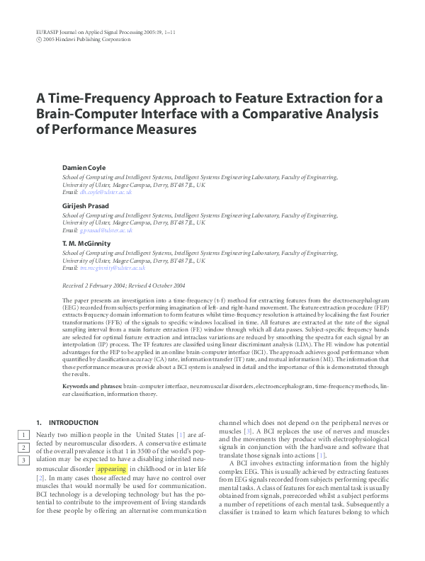 A Time Frequency Approach To Feature Extraction For A Brain Computer
