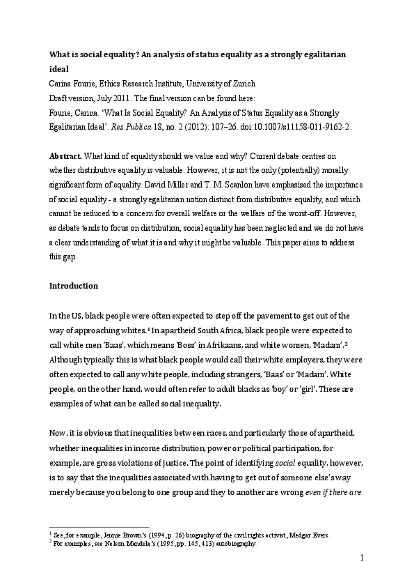 What is Social Equality? An Analysis of Status Equality as a Strongly ...