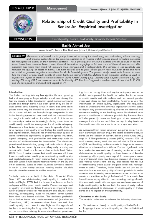 (PDF) Relationship of Credit Quality and Profitability in Banks: An ...