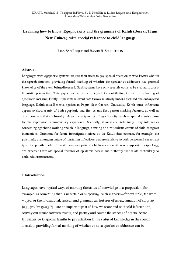 Learning how to know: Egophoricity and the grammar of Kaluli (Bosavi ...