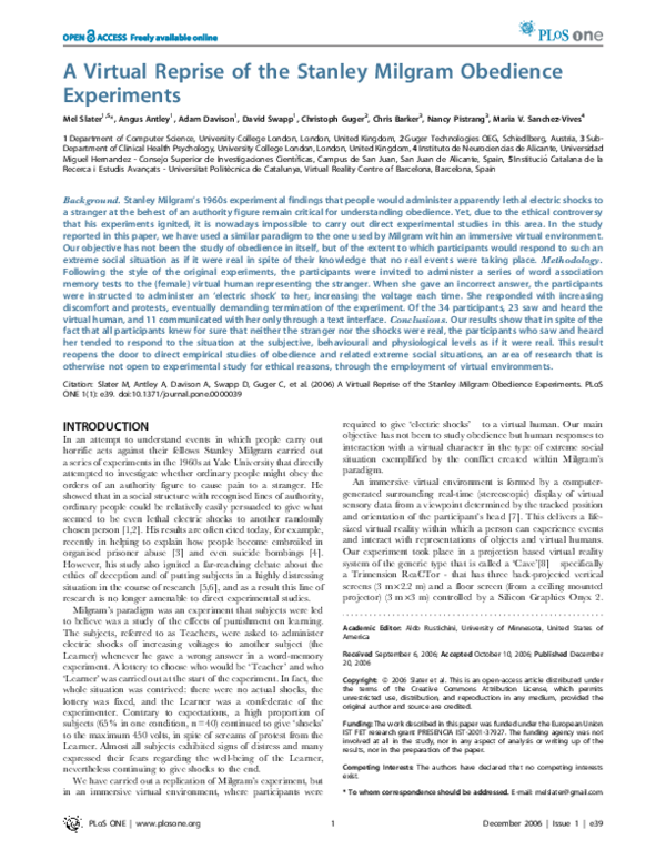 (PDF) A virtual reprise of the Stanley Milgram obedience experiments