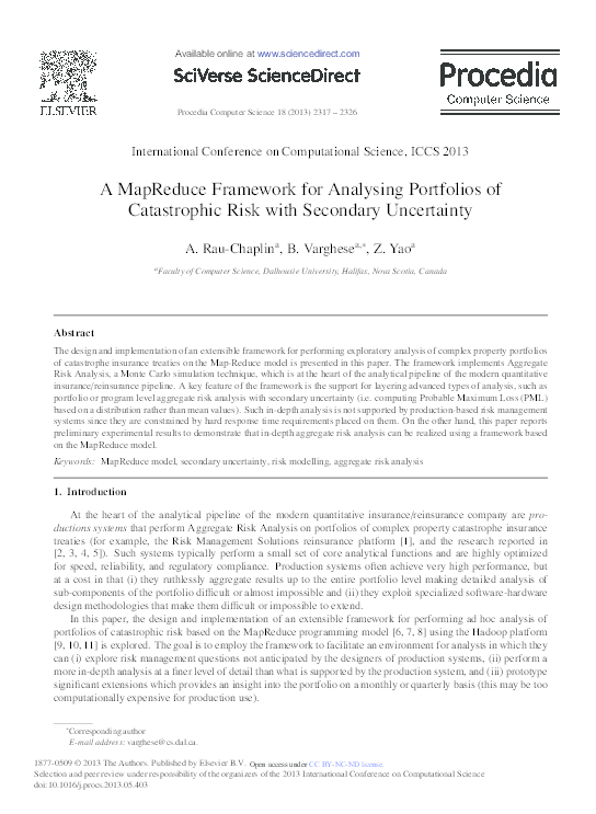 (PDF) A MapReduce Framework for Analysing Portfolios of Catastrophic Risk with Secondary Uncertainty