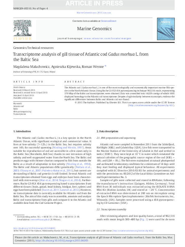 (PDF) Transcriptome analysis of gill tissue of Atlantic cod Gadus ...