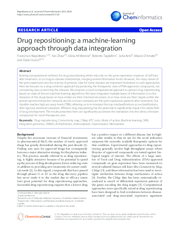 (PDF) Drug repositioning: a machine-learning approach through data ...
