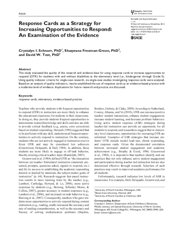 (PDF) Response Cards as a Strategy for Increasing Opportunities to ...