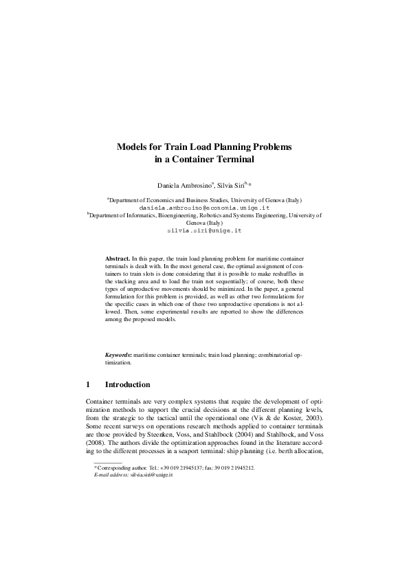 (PDF) Models for Train Load Planning Problems in a Container Terminal