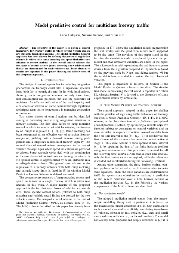 Pdf Model Predictive Control For Multiclass Freeway Traffic