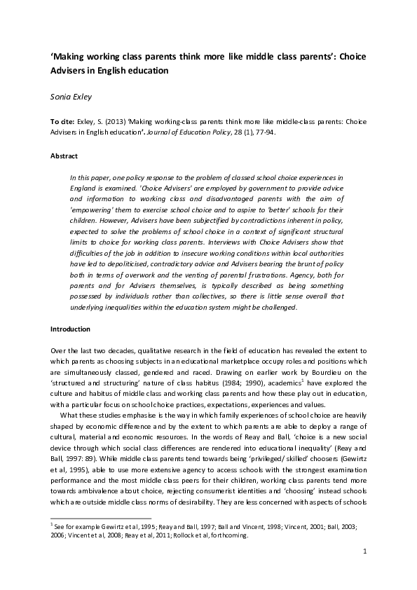 (PDF) Making working-class parents think more like middle-class parents ...