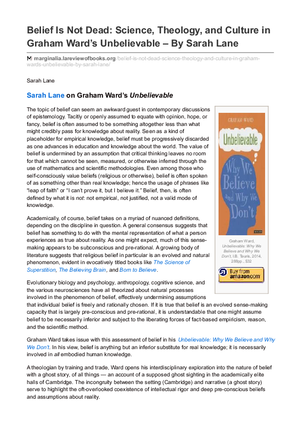 (PDF) Belief Is Not Dead: Science, Theology, and Culture in Graham Ward ...