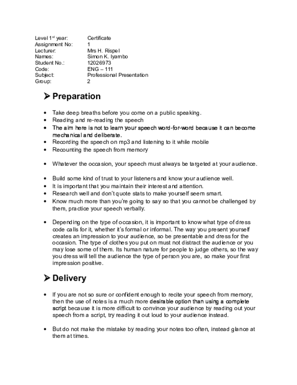 (DOC) Professional Presentation Public Speaking Assignment