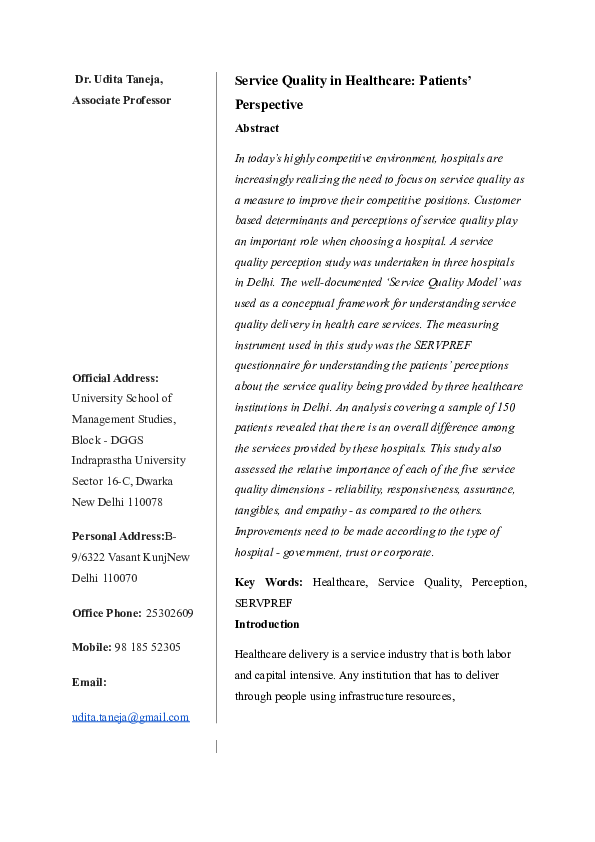 (DOC) Service Quality in Healthcare: Patients’ Perspective