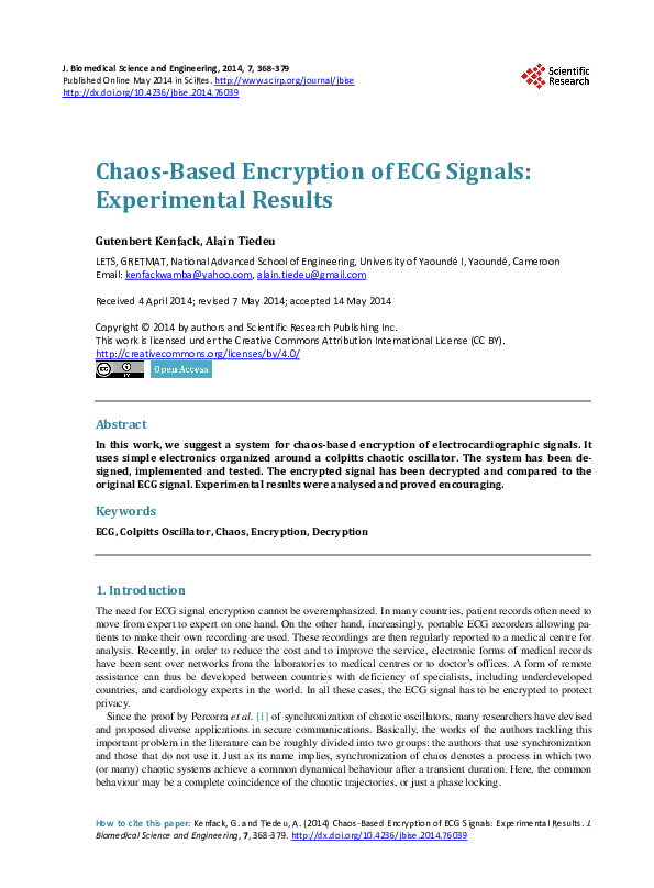 Pdf Chaos Based Encryption Of Ecg Signals Experimental Results