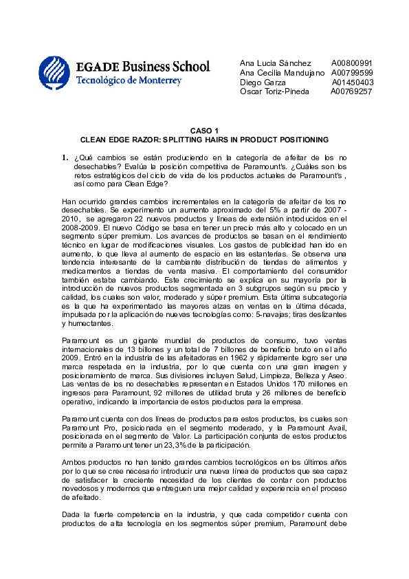 (DOC) CASO 1 CLEAN EDGE RAZOR: SPLITTING HAIRS IN PRODUCT POSITIONING