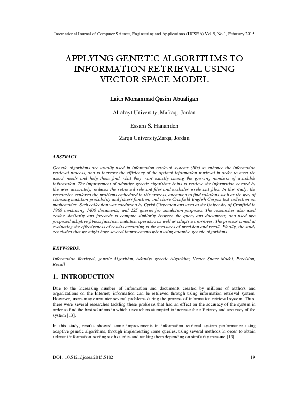 Pdf Applying Genetic Algorithms To Information Retrieval Using Vector Space Model
