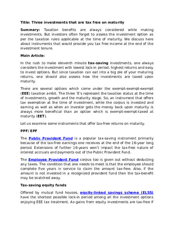 (DOC) Three investments that are tax free on maturity