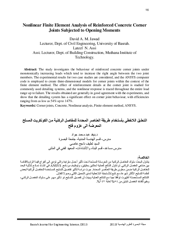 (PDF) Nonlinear Finite Element Analysis of Reinforced Concrete Corner Joints Subjected to ...