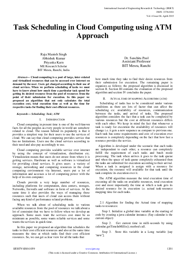 Pdf Task Scheduling In Cloud Computing Using Atm Approach