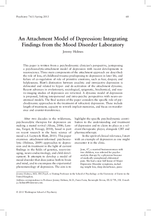 (PDF) An Attachment Model of Depression: Integrating Findings from the ...