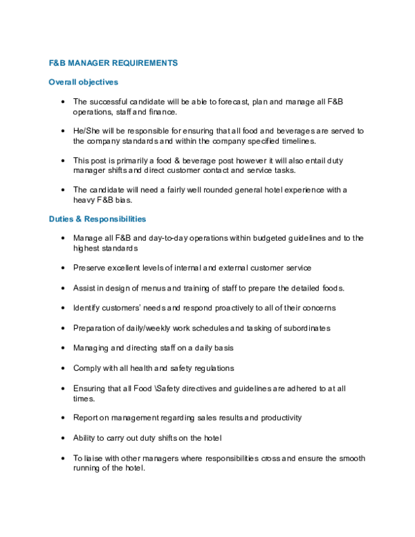 (DOC) F&B MANAGER REQUIREMENTS Overall objectives
