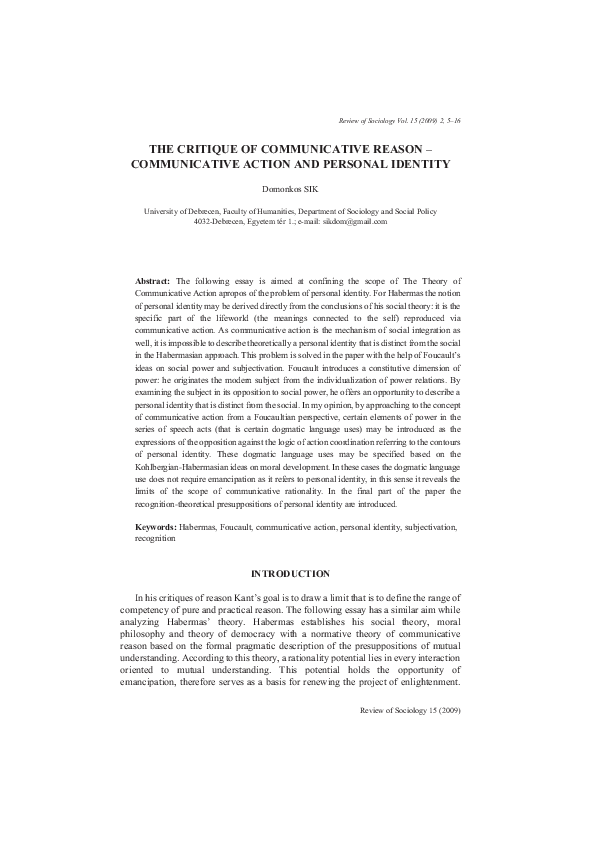 THE CRITIQUE OF COMMUNICATIVE REASON – COMMUNICATIVE ACTION AND ...