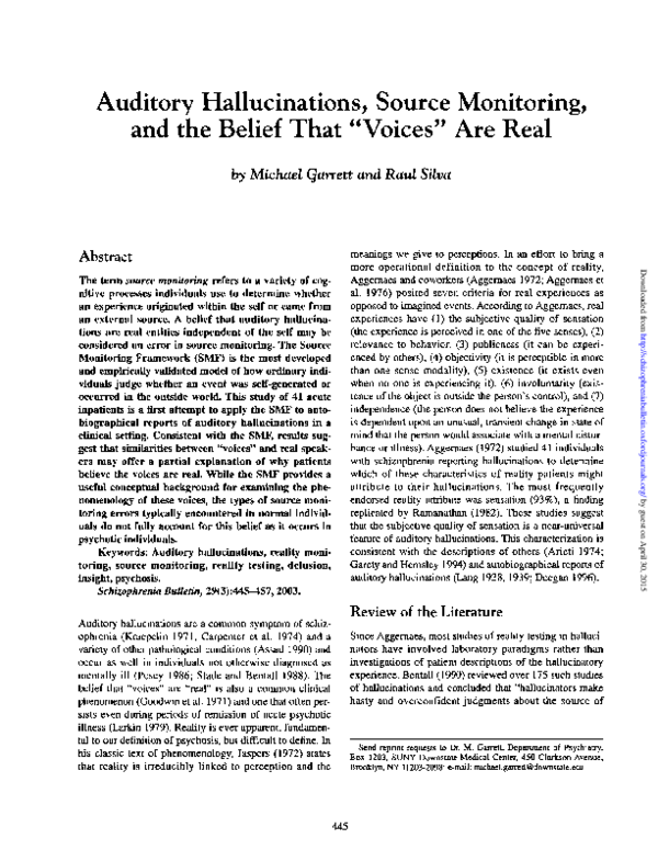 (PDF) Auditory Hallucinations, Source Monitoring, and the Belief