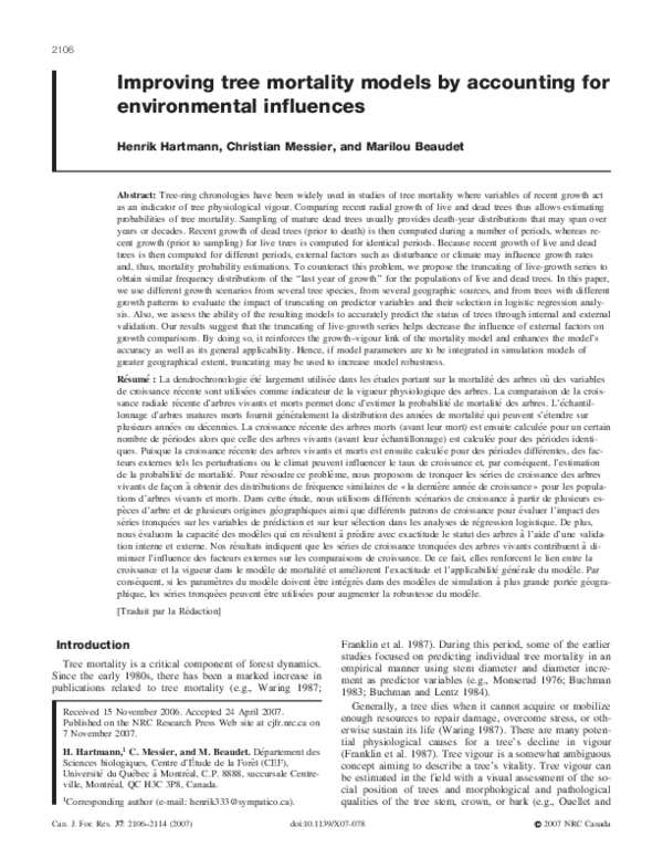 (PDF) Improving tree mortality models by accounting for environmental ...