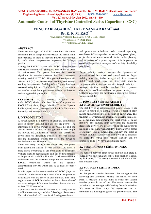 Pdf Automatic Control Of Thyristor Controlled Series Capacitor Tcsc