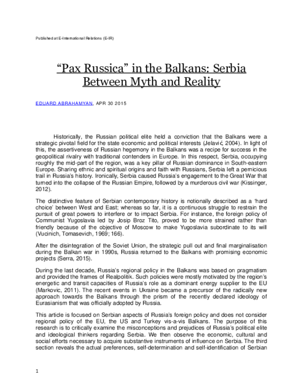(PDF) “Pax Russica” in the Balkans: Serbia Between Myth and Reality