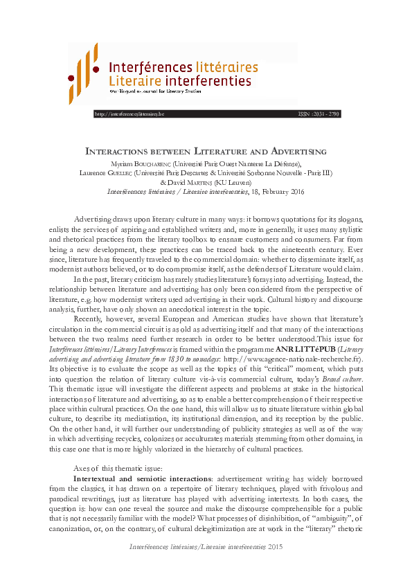 CFP - Interactions between Literature and Advertising - special issue ...