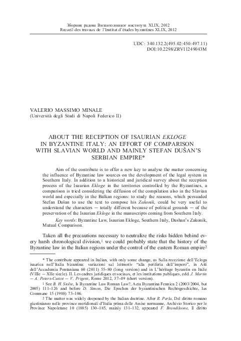 (PDF) About the Reception of Isaurian Ekloge in Byzantine Italy: An ...
