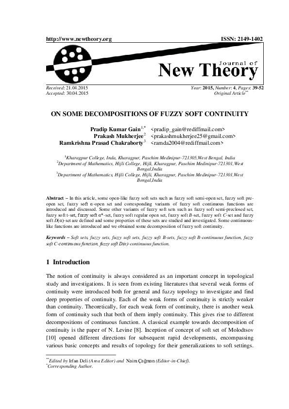 Pdf On Some Decompositions Of Fuzzy Soft Continuity