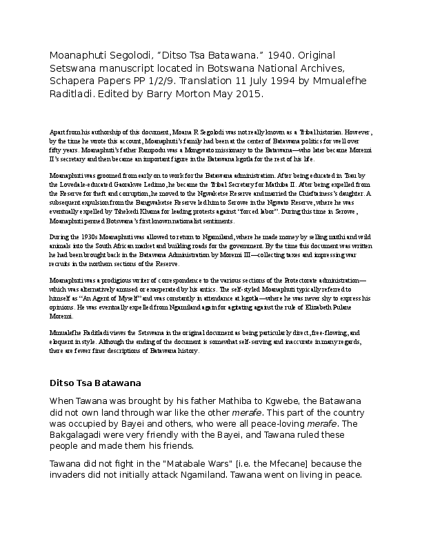(DOC) Ditso Tsa Batawana, by Moanaphuti Segolodi, 1940.