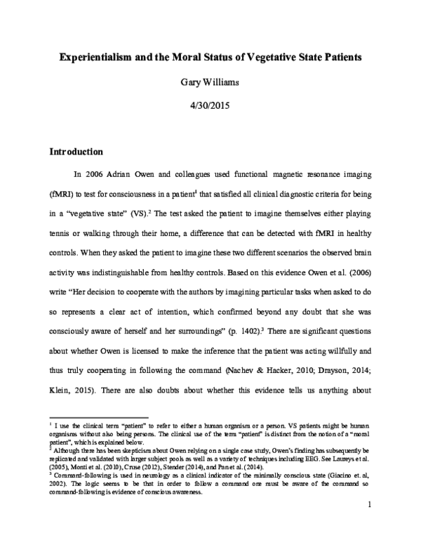 (PDF) Experientialism and the Moral Status of Vegetative State Patients