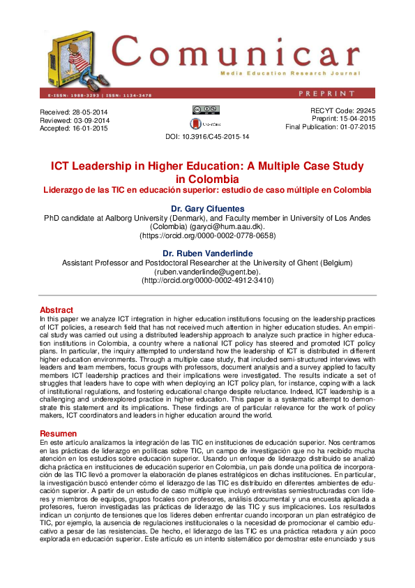 (PDF) ICT Leadership in Higher Education: A Multiple Case Study in Colombia