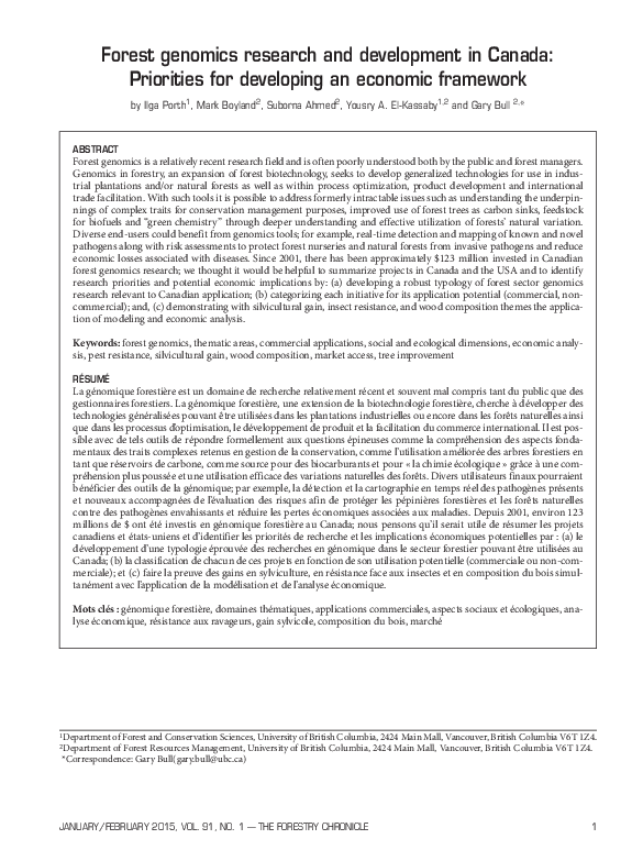 (PDF) Forest genomics research and development in Canada: Priorities for developing an economic ...