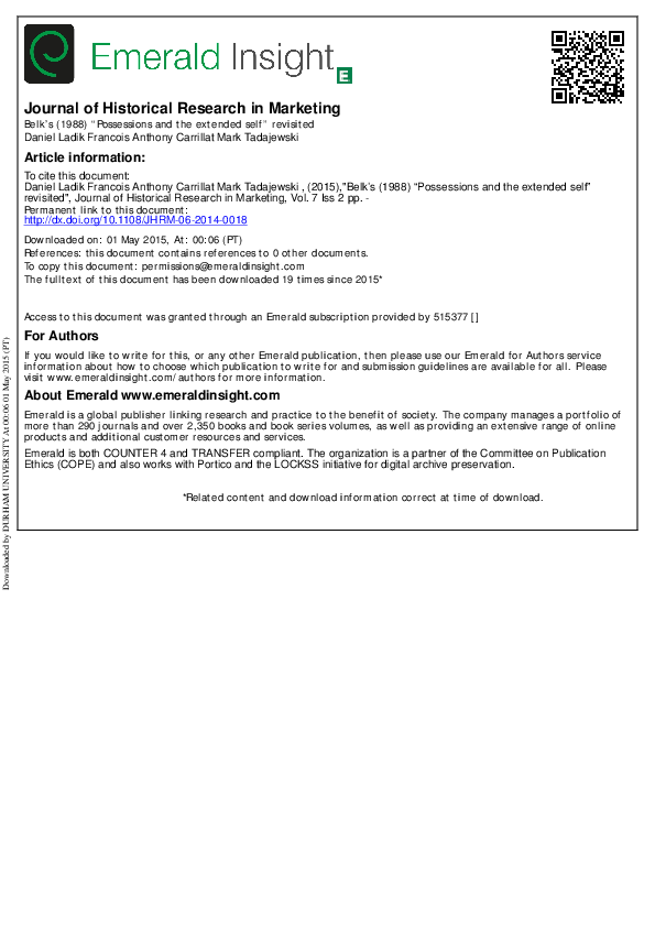 (PDF) Belk’s (1988) “Possessions and the extended self” revisited