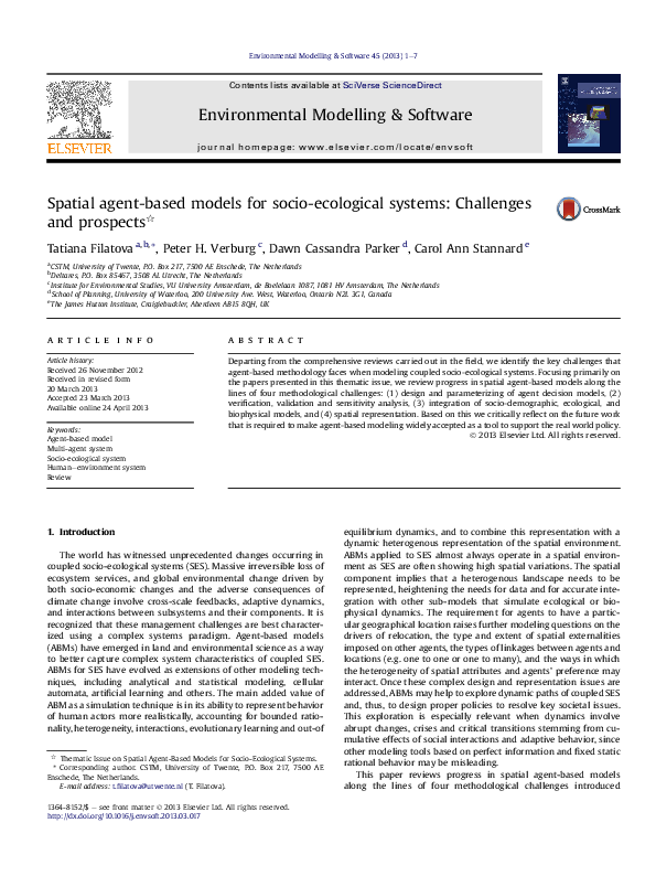 (PDF) Spatial agent-based models for socio-ecological systems: Challenges and prospects