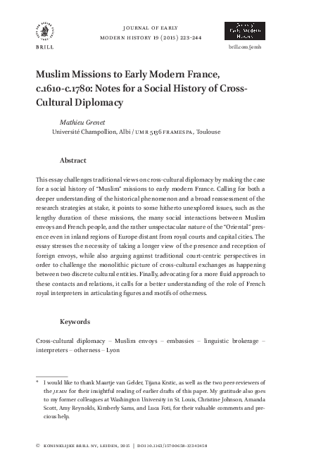 Mathieu Grenet, « Muslim missions to early modern France, c.1610-c.1780 ...