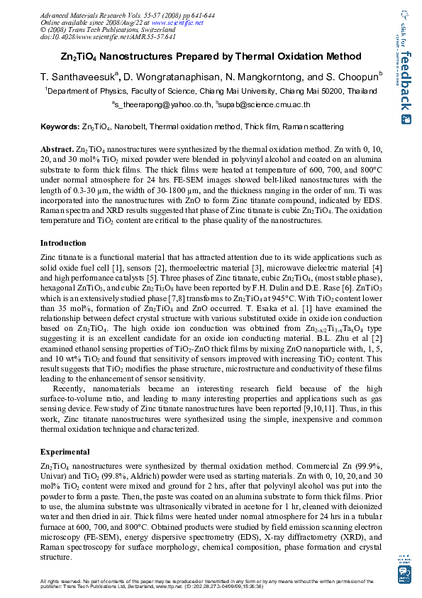 (PDF) Zn2TiO4 nanostructures prepared by thermal oxidation method