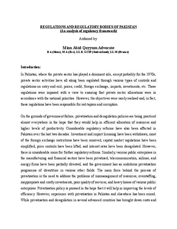 (DOC) REGULATIONS AND REGULATORY BODIES OF PAKISTAN (An analysis of ...