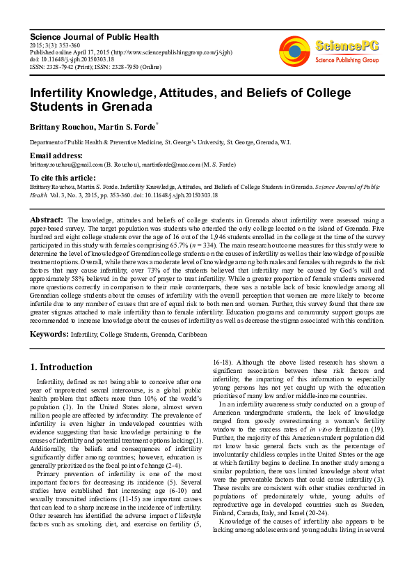 (PDF) Infertility knowledge, attitudes, and beliefs of college students in Grenada