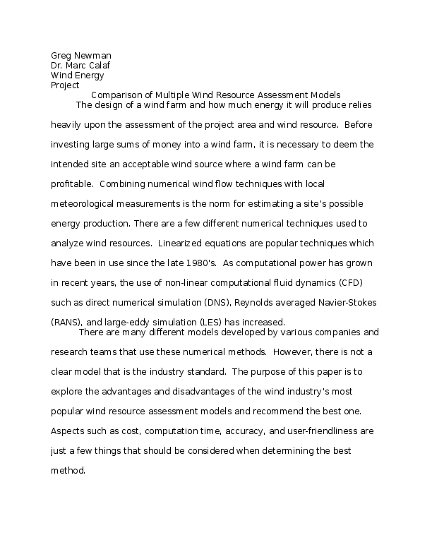 Doc Comparison Of Multiple Wind Resource Assessment Models