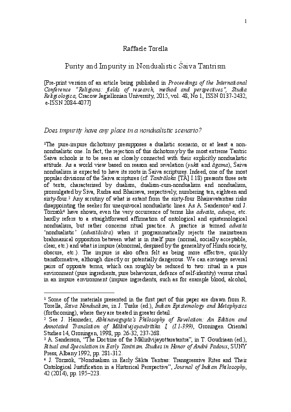(PDF) Purity and impurity in nondualistic Śaiva Tantrism